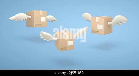 3d flying parcel with wings. Carton delivery packaging. Delivery ...