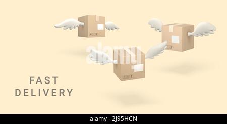 3d flying parcel with wings. Carton delivery packaging. Delivery ...