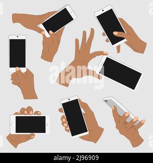 Hands holding mobile phones set. Hands holding phones with empty ...