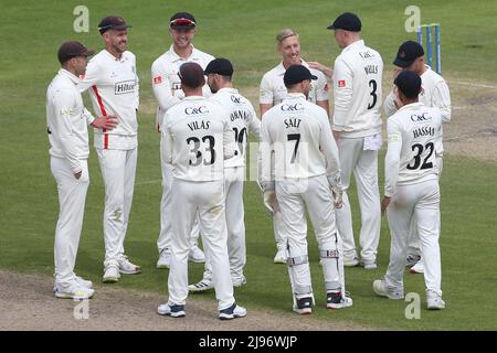 Luke Wood of Lancashire celebrates with his team mates after taking the ...