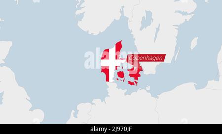 Denmark map highlighted in Denmark flag colors, gray map with ...