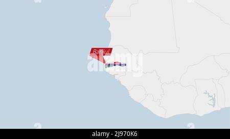 Gambia map with pin of country capital. Two types of Gambia map with ...