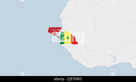 Senegal map highlighted in Senegal flag colors, gray map with ...