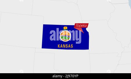 Kansas map with pin of country capital. Two types of Kansas map with ...