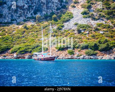 Daily tour boat anchored in the bays of Marmaris, Turkey Stock Photo ...