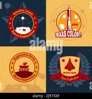 Space exploration emblems color set of isolated outer space adventure ...