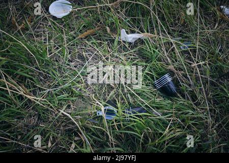 Plastic garbage thrown out green lawn Stock Photo - Alamy
