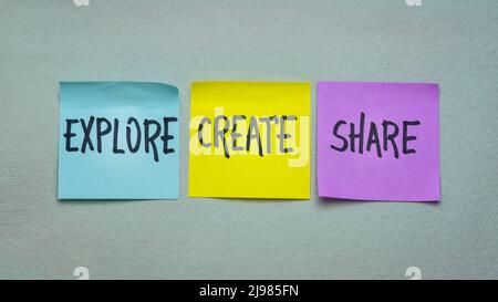 explore, create and share - reminder notes Stock Photo - Alamy