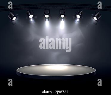 Stage illuminated by spotlights with smoke effect, empty stage space ...
