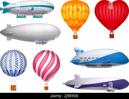Dirigible and balloons transportation design realistic set isolated ...