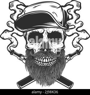 Vintage monochrome vaping concept of skull with human brain in smoke ...