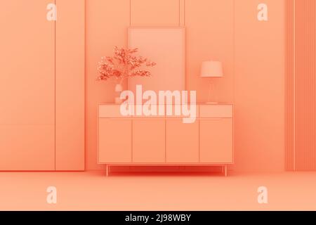 Pink-orange interior scene with entryway cabinet, picture frame ...