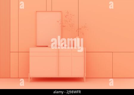 Pink-orange interior scene with entryway cabinet, picture frame ...