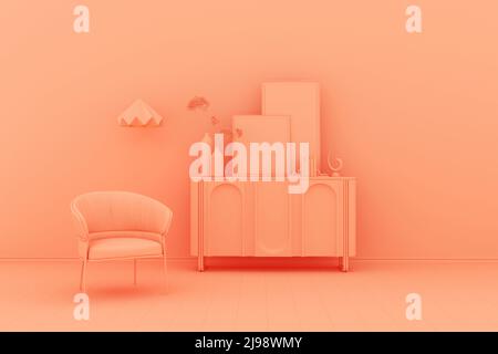 Pink-orange interior scene with entryway cabinet, picture frame ...