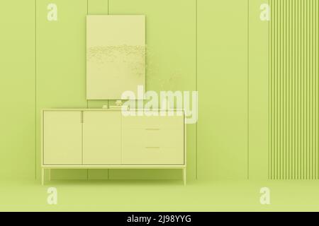 Pink-green interior scene with entryway cabinet, picture frame ...