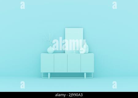 Pink-blue interior scene with entryway cabinet, picture frame ...