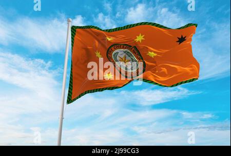 official flag of Cherokee Nation people ethnic, USA at cloudy sky ...