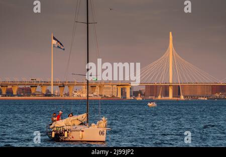 Sailing boats in the background of the new cable stayed bridge in ...