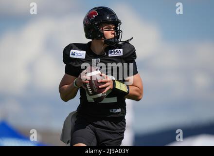 May 21, 2022, KAMLOOPS, BC, CANADA: B.C. Lions quarterback Nathan Rourke prepares to pass during ...