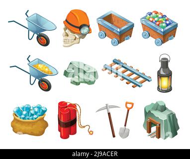 Mining isometric icons set with minerals symbols isolated vector ...