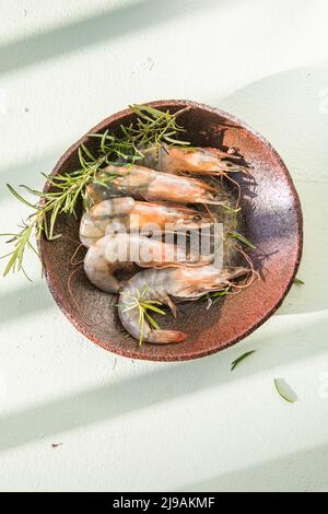 Tiger prawns shrimps set, on fabric surface, top view flat lay, with ...
