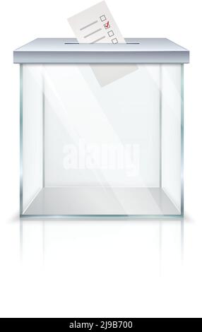 Realistic empty transparent ballot box with voting paper in hole on ...