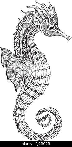 Sea marine aquarium life doodle sketch of sea horse fish decorative ...