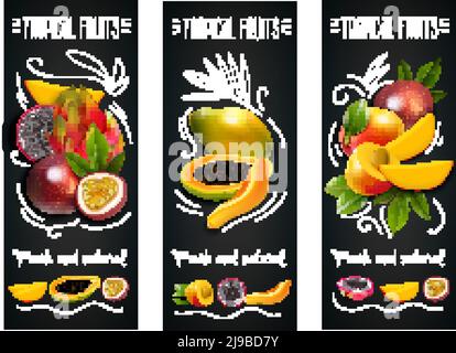 Three vertical tropical fruits chalkboard label set with fresh and ...