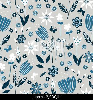 vector seamless cute gentle butterfly pattern with tropical flowers ...