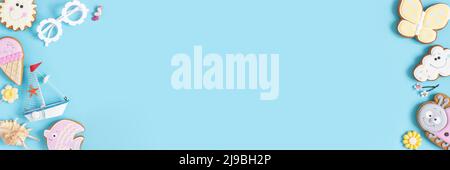 Bright summer background. Cute summer symbols on blue background. Top ...