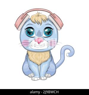 Cartoon cat music lover in headphones listens to music, concert. Cute ...