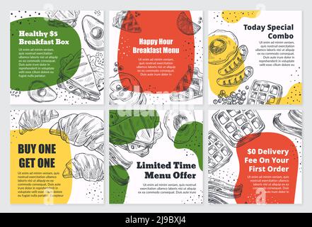 Breakfast deal promo at social media banner set. Happy hour menu, today ...