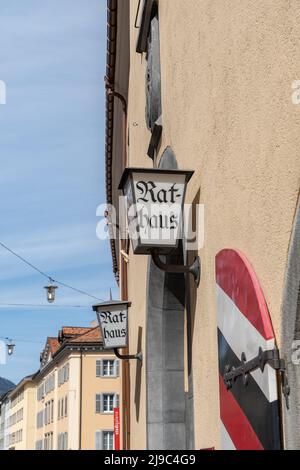 Chur, Switzerland, April 11, 2022 Bell tower of the historic old saint ...