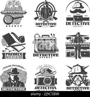 Police private detective agency labels badges and stamps set isolated ...