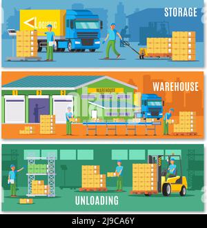 Logistic warehouse horizontal banners with processes of truck loading ...