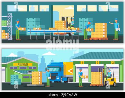 Warehouse horizontal banners with workers truck goods storage processes ...