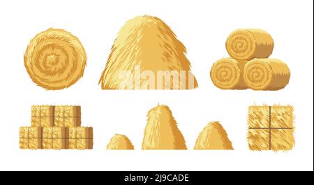 Set of bales of hay and dried grass in different forms. Cartoon vector ...