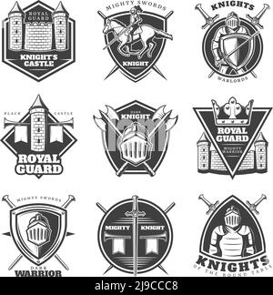 Vintage medieval labels set with armored knights crossed weapons and ...