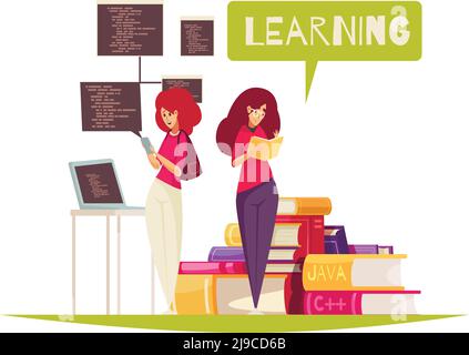 Programmer education concept with learning and reading symbols flat ...