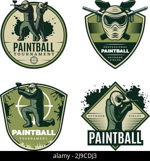 Colorful vintage active leisure emblems set with paintball ammunition ...