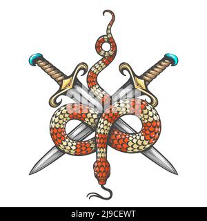 Tattoo of Snake and Sword in Engraving Style isolated on white. Vector ...