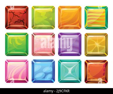 Set of cartoon square buttons of various color and texture on white ...