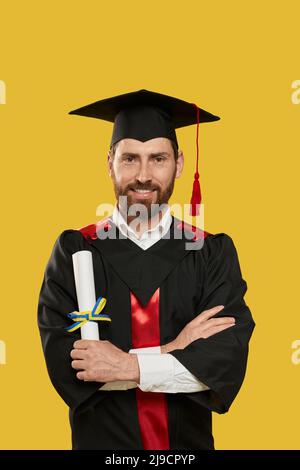 High school concept. Man with beard and mustache on cheerful smiling ...