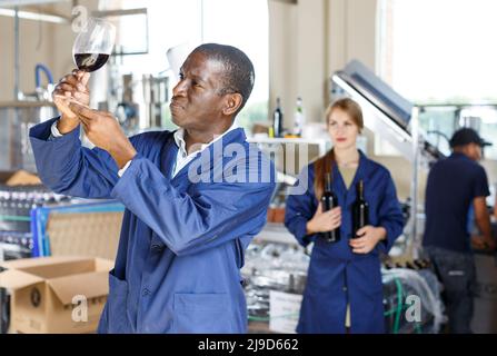 Confident male worker of winery testing new wine in glass Stock Photo ...