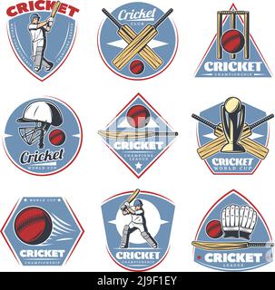 Colored vintage cricket logos set with professional players sport ...