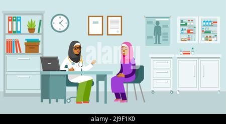 Practitioner islamic doctor and young woman patient in hospital medical ...