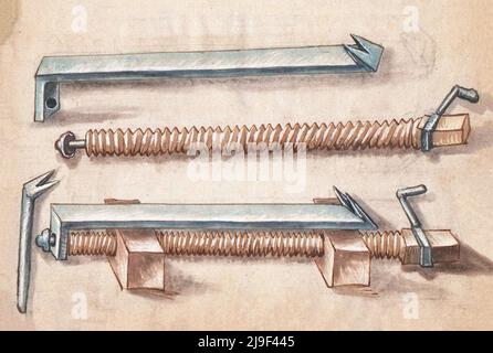Medieval illustration of locksmith vise. The tools of Martin Löffelholz ...