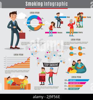 Smoking infographics set with tobacco harm symbols and charts vector ...