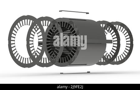 Electric motor, exploded view 3D rendering isolated on white background ...