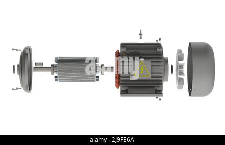 Electric motor, exploded view 3D rendering isolated on white background ...